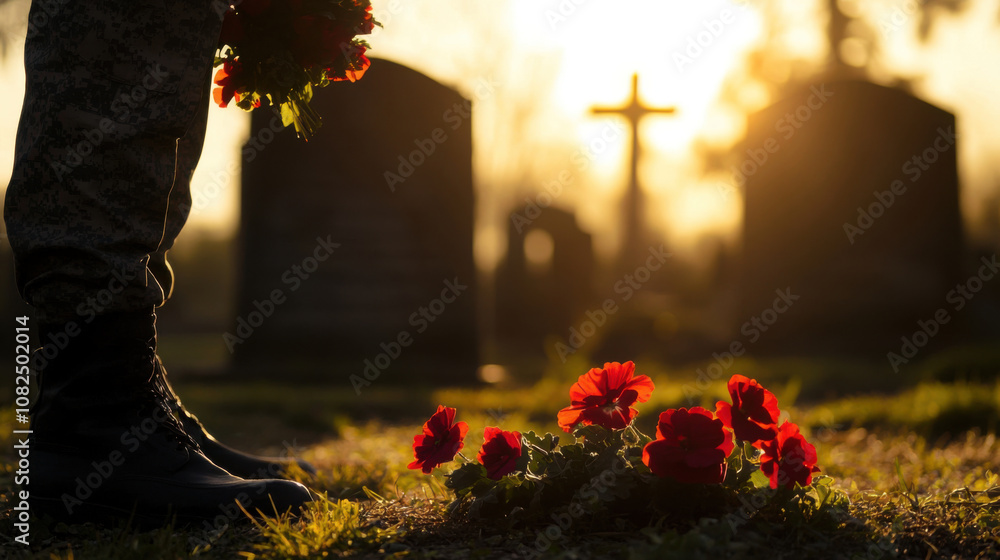 military spouse placing flowers on veteran grave during sunset ...