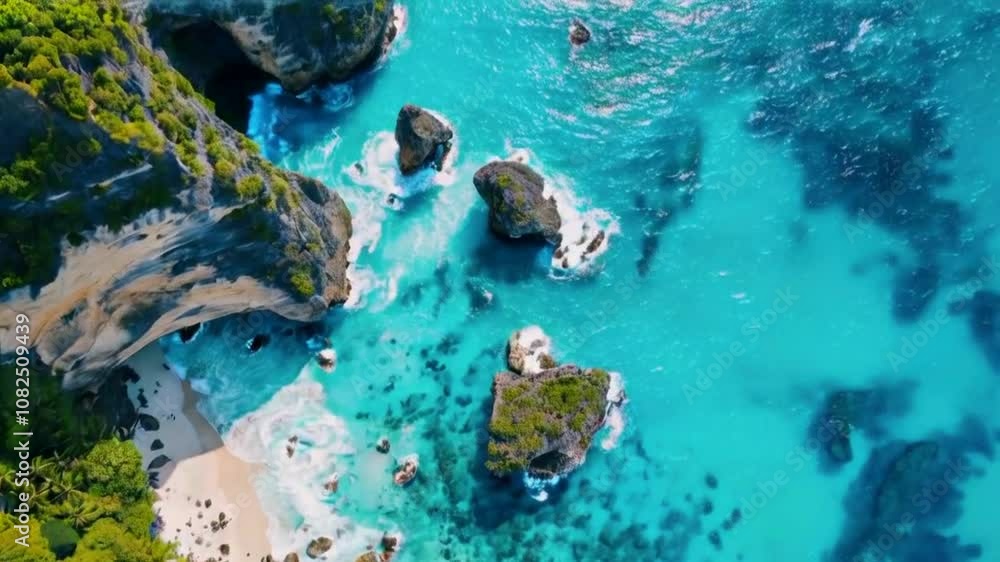 Aerial view at sea and rocks. Turquoise water background from top view ...