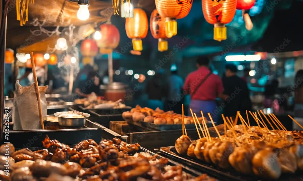 Colorful Night Market with Traditional Lanterns, Grilled Street Food ...