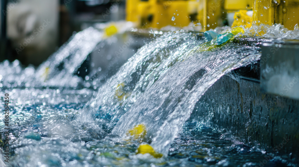 Washing recyclable plastics in industrial facility, water flows over ...