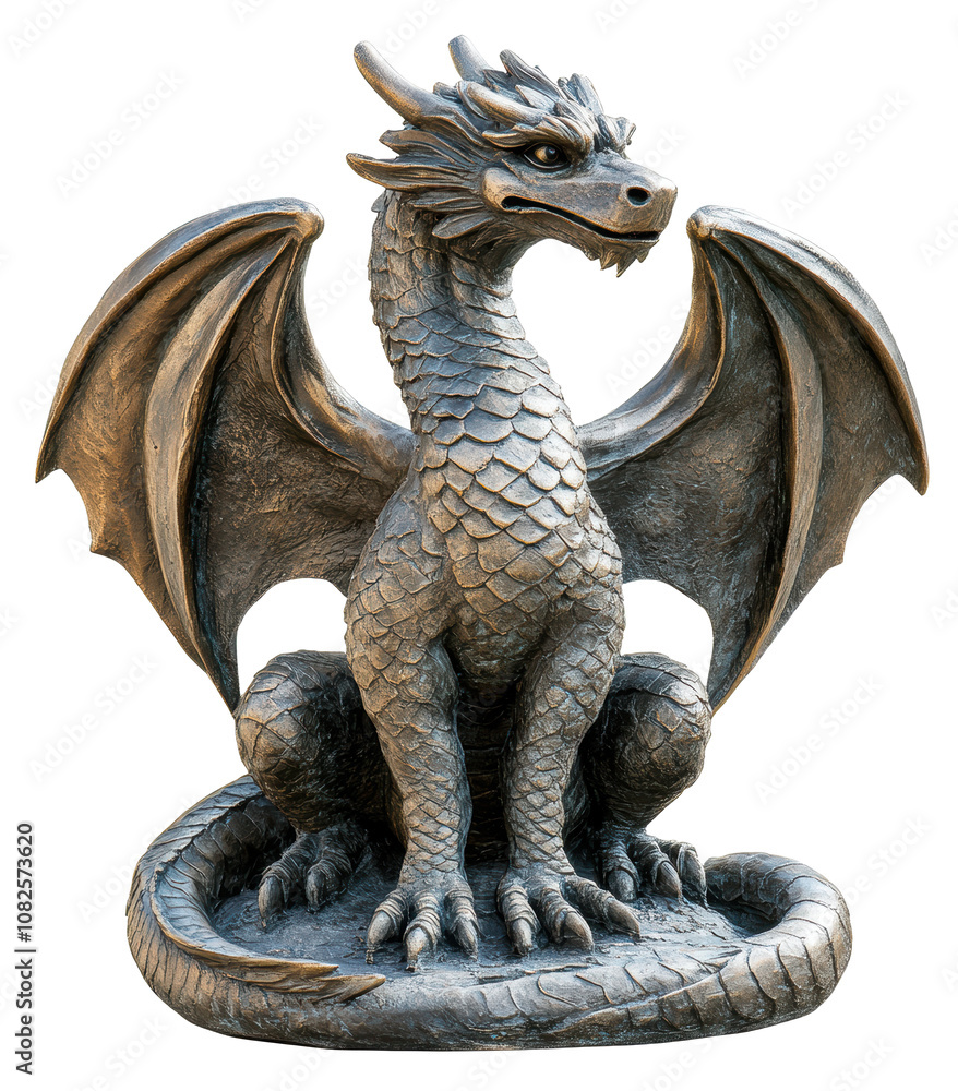 A silver dragon statue sits on a pedestal. The dragon has a menacing ...