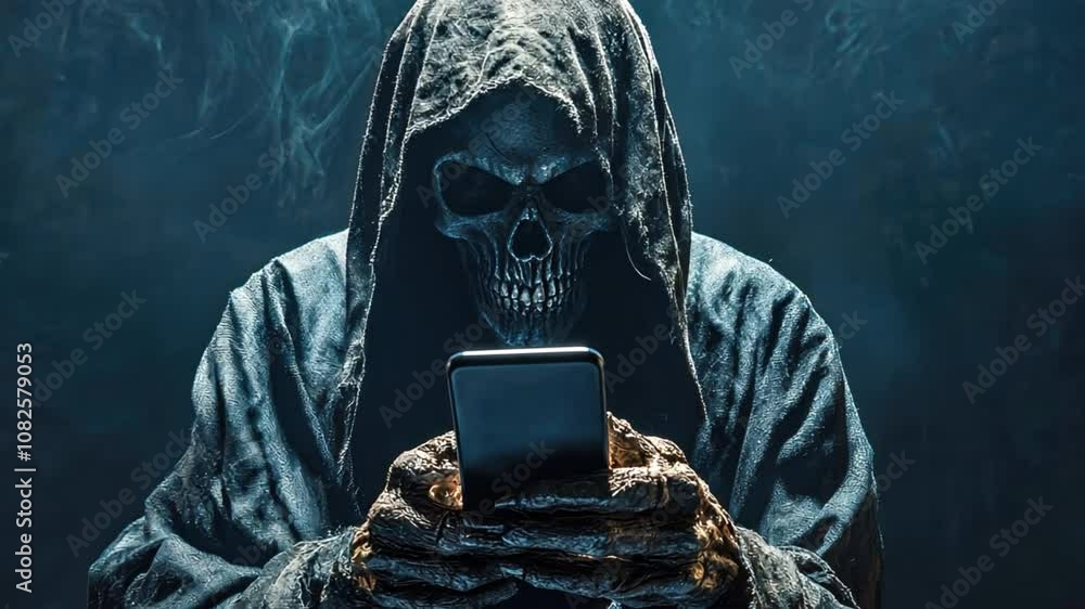 Dangerous Grim Reaper hacker plotting digital wallet disaster, horrific ...