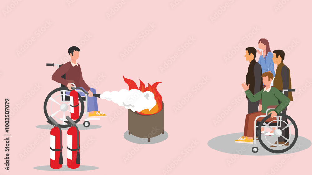 Disable person in fire drill for fire safety training at office virtual ...