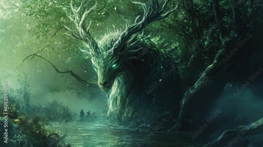 A mystical creature with antlers made of branches and a body of bark ...