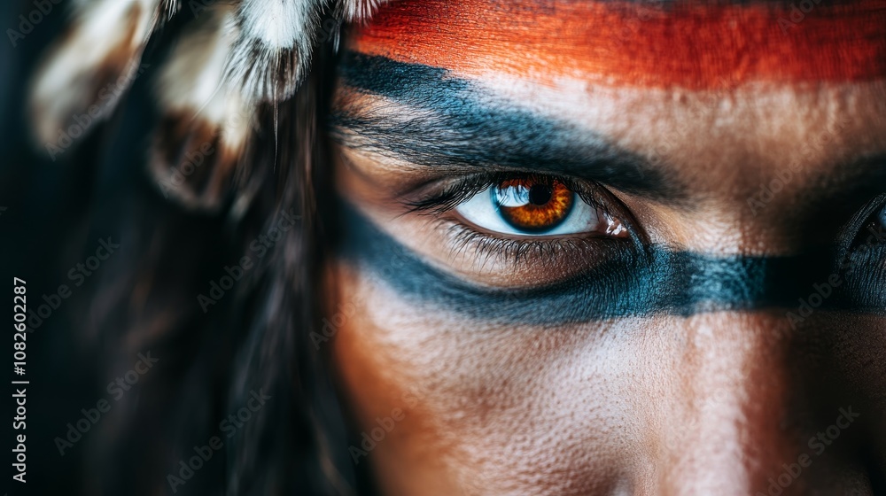 A close-up portrait of a Native American man, his eyes intense and ...