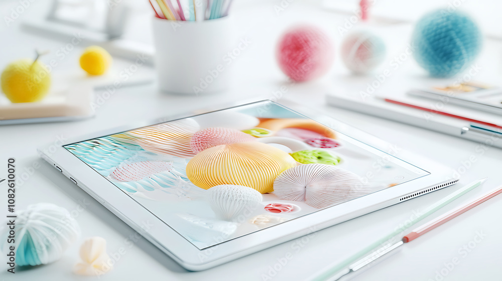 digital tablet displaying colorful graphic of shells and textures ...