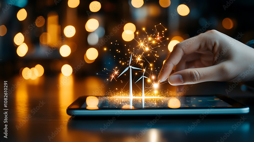 hand interacting with tablet displaying digital wind turbine model, symbolizing innovation and ...