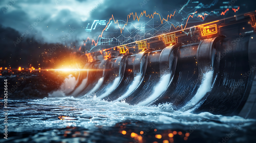 hydroelectric dam releasing water with digital graphs overlay ...