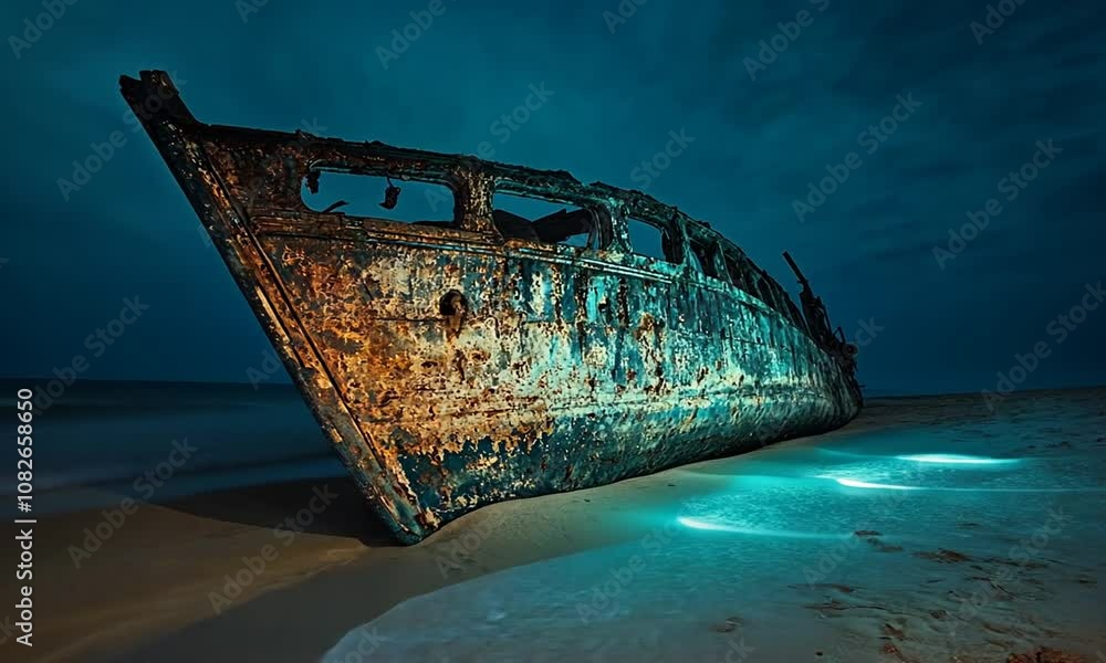 Abandoned Shipwreck on a Beach at Night Surrounded by Mysterious Blue ...