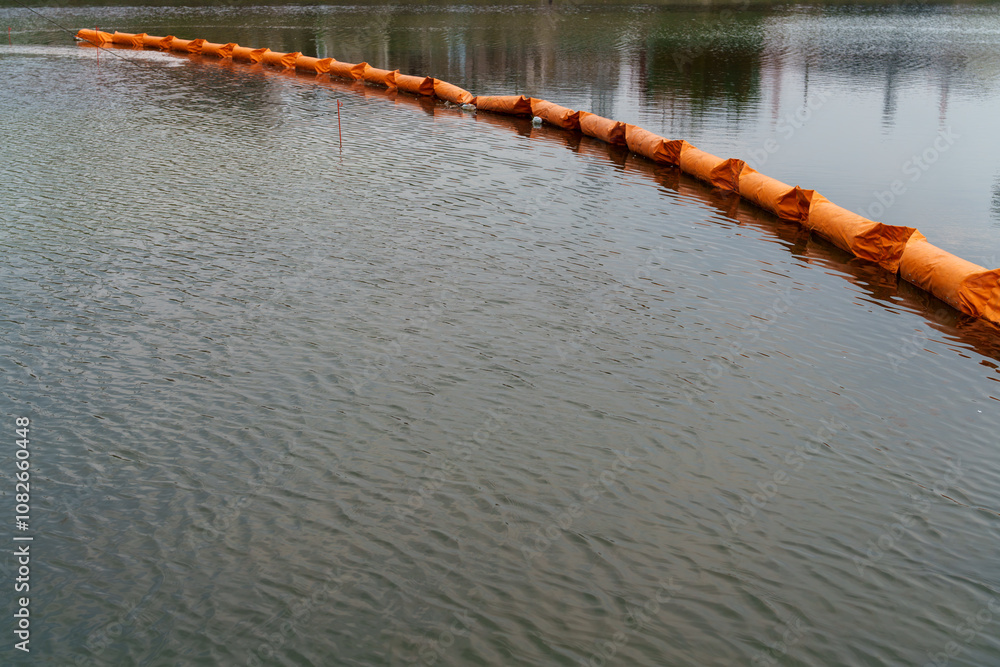 川に設置されたオイルフェンス、Oil boom、Oil fence、Containment boom、Oil-spill ...
