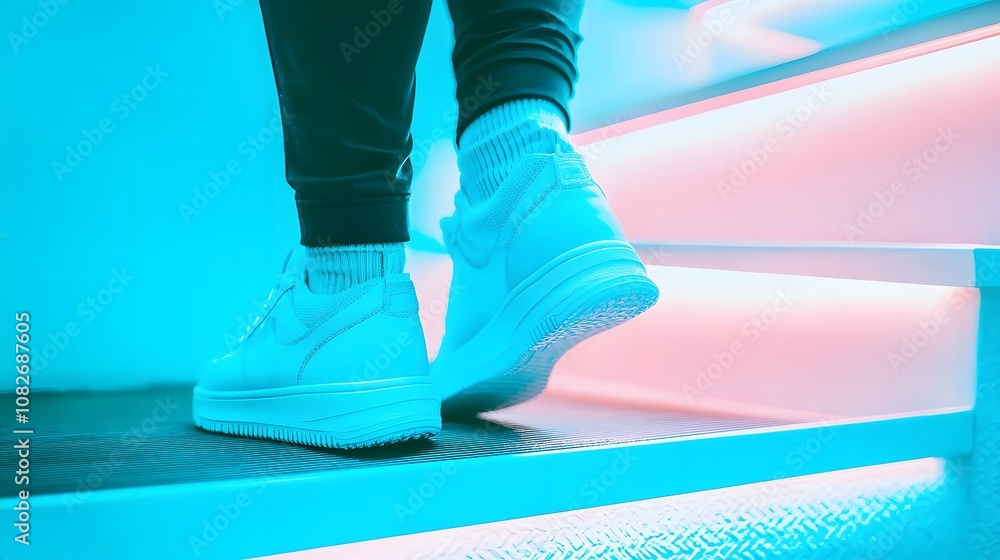 Close-up of a foot stepping onto the first step of an illuminated ...