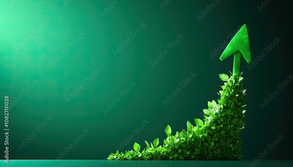 A green arrow made of leaves represents growth, sustainability, and eco ...