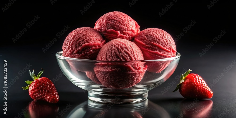 Vibrantly colored strawberry ice cream balls fill a glass bowl ...