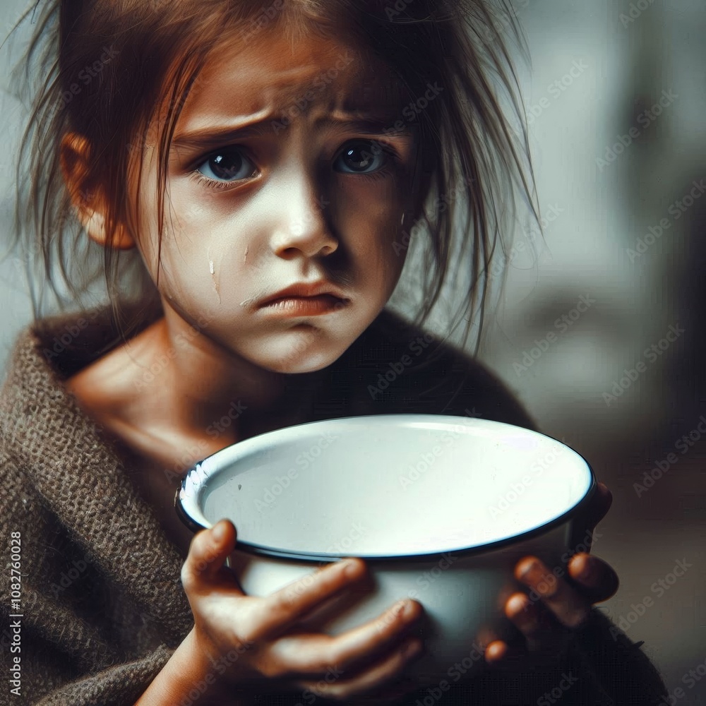 Poor starving hungry orphan girl in a refugee camp holding empty bowl ...