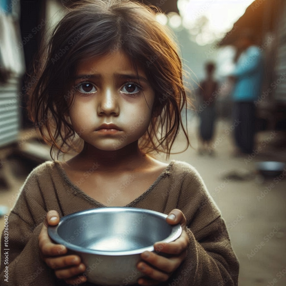 Poor starving hungry orphan girl in a refugee camp holding empty bowl ...