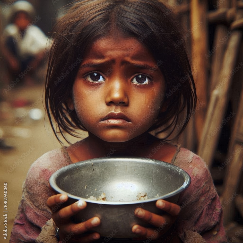 Poor starving hungry orphan girl in a refugee camp holding empty bowl ...