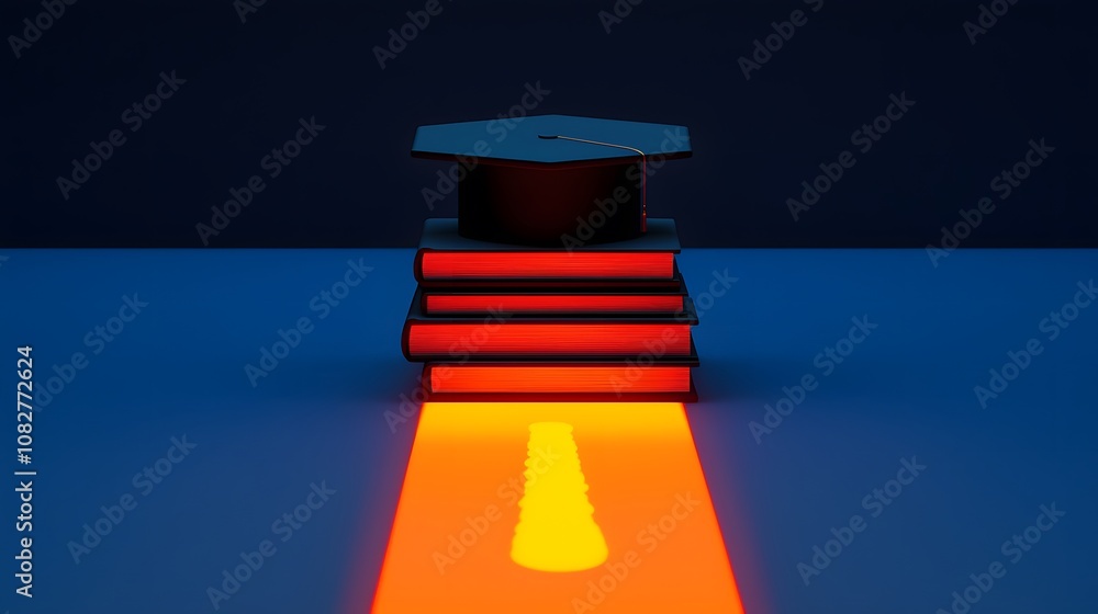 Graduation cap placed on top of a stack of books with a glowing path ...
