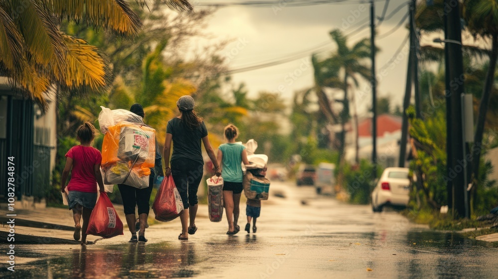 An evacuation scene during a hurricane, families moving to safety with ...