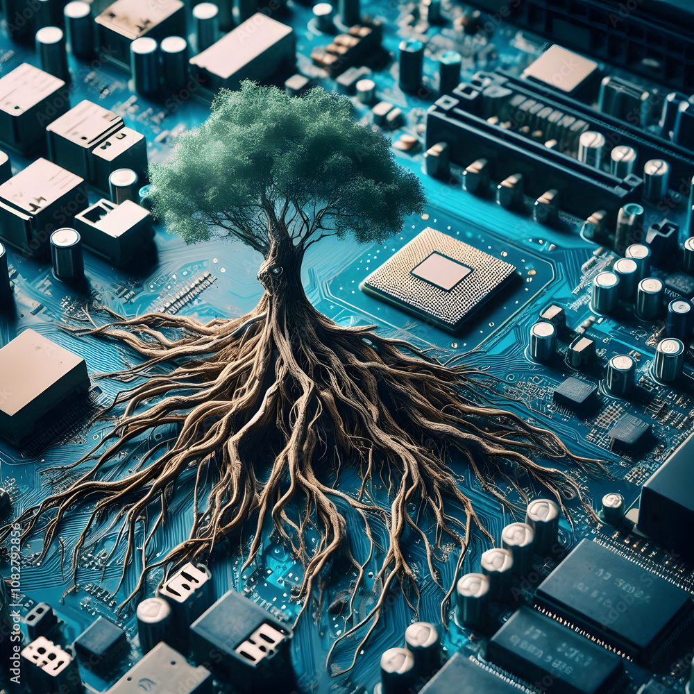 E-Waste: A computer motherboard sprouting roots like a dead tree ...