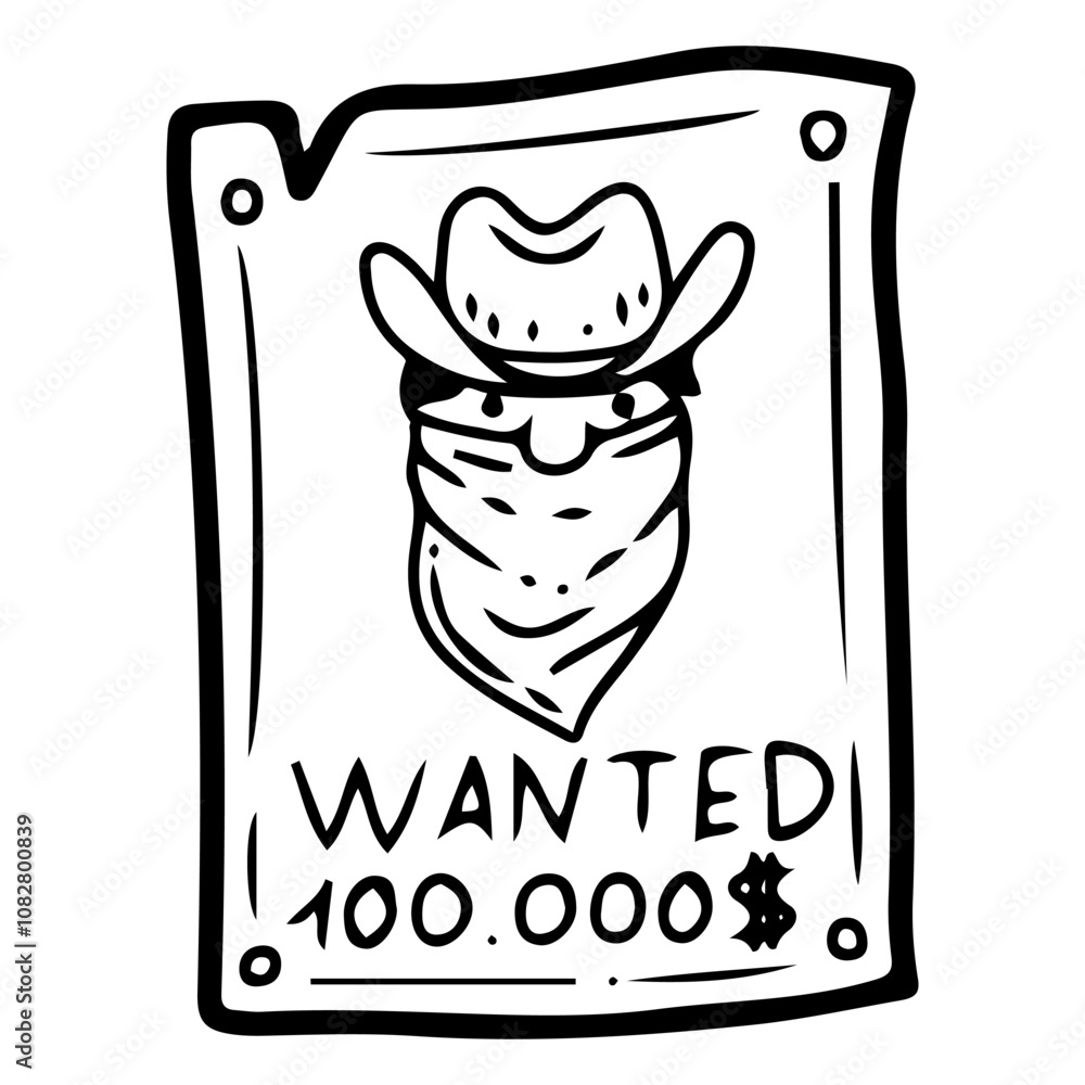 Wanted poster hand drawn doodle. Wild west bandit in bandana and hat ...