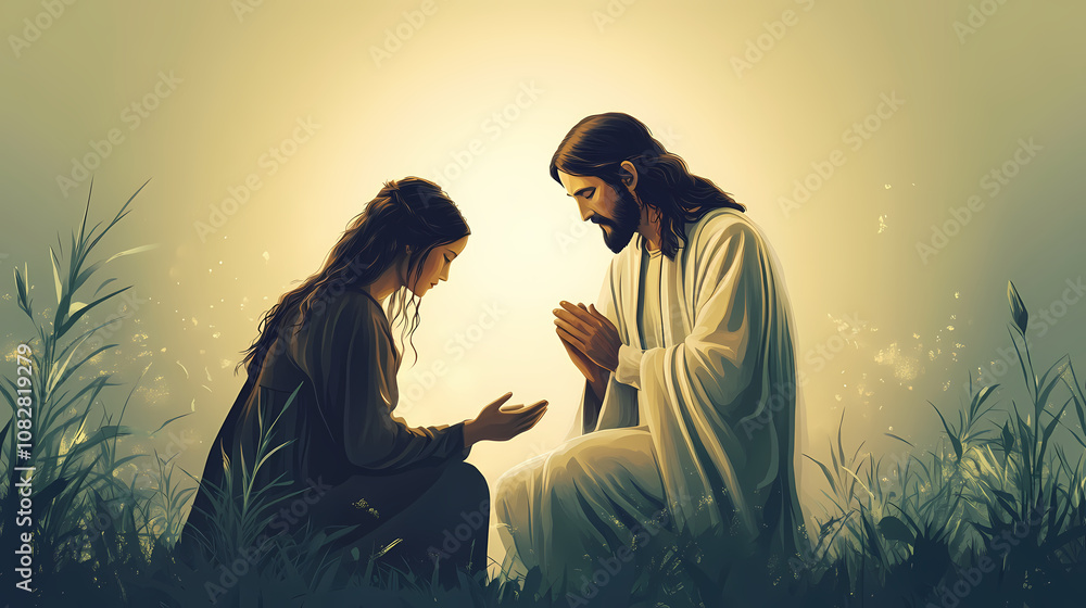 Jesus comforting the faithful. a serene interaction, jesus and a woman ...