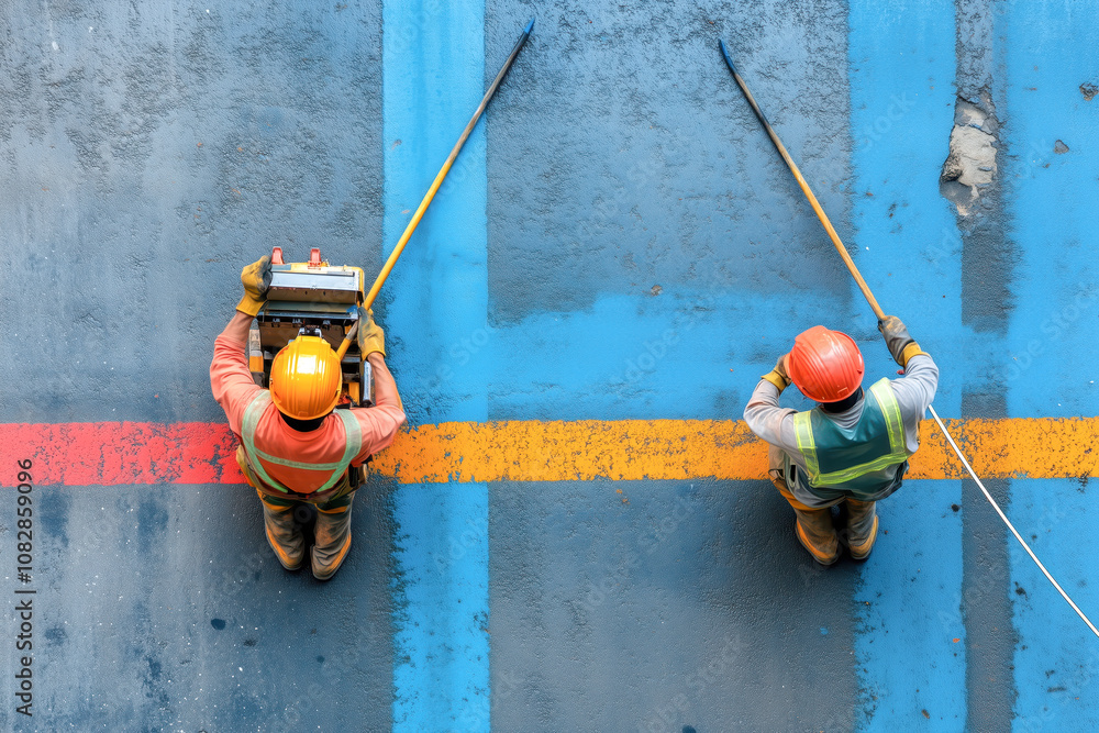 Workers painting lane markings on a newly paved road, using stencils ...