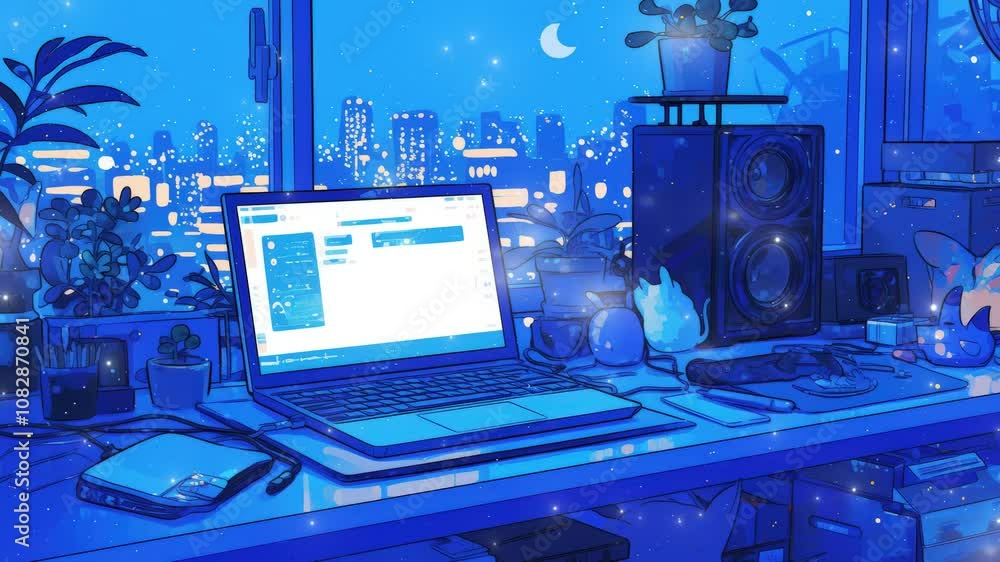 A serene workspace at dusk, illuminated by city lights outside the ...