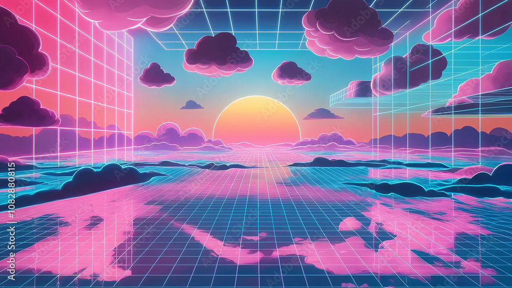 sunset over the ocean clouds retrowave, synth wave, solar panels on the ...