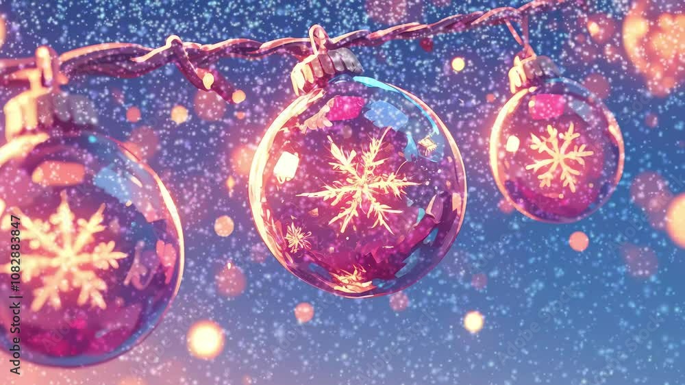 Glistening holiday ornaments sparkle in the winter twilight, capturing ...