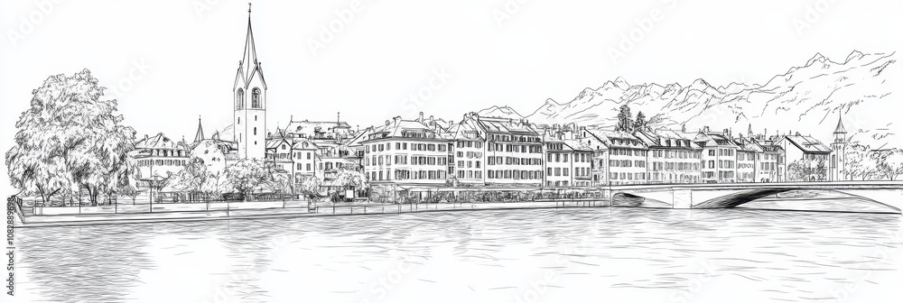 Elegant line art depicting Zurich's riverfront, featuring buildings, a ...