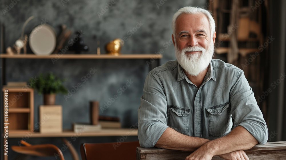 Sympathischer Rentner mit weissem Bart und verschränkten Armen Stock ...