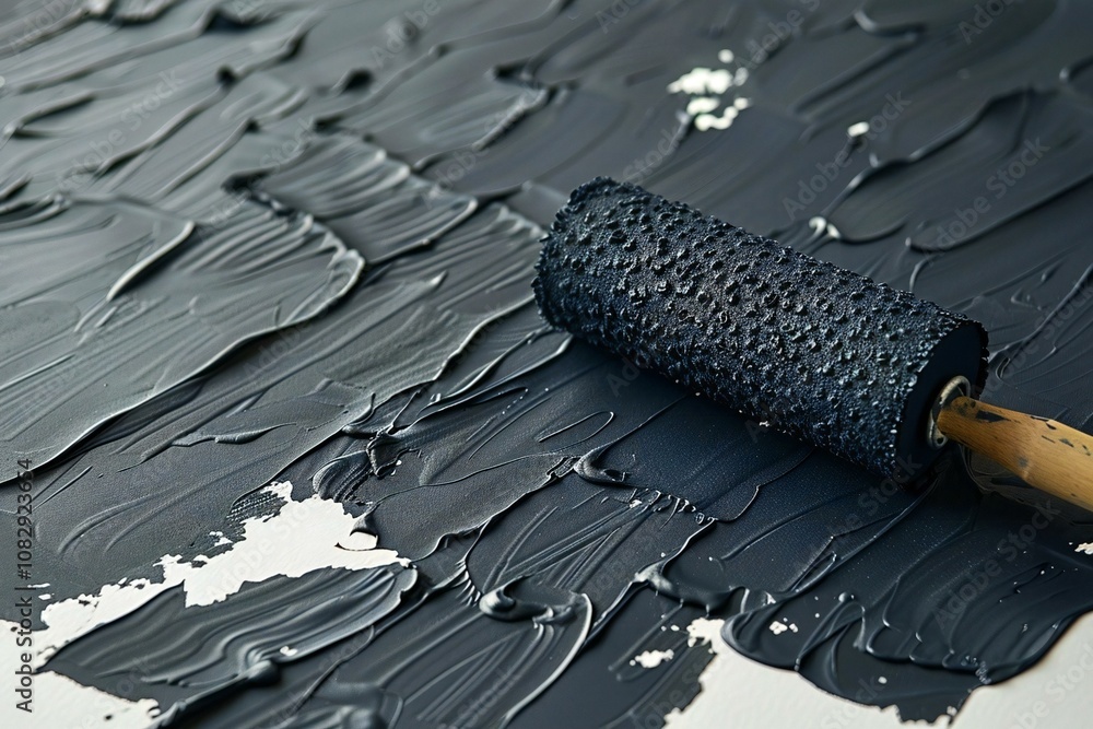 Scan of black lino ink linocut with paint roller texture on white paper ...