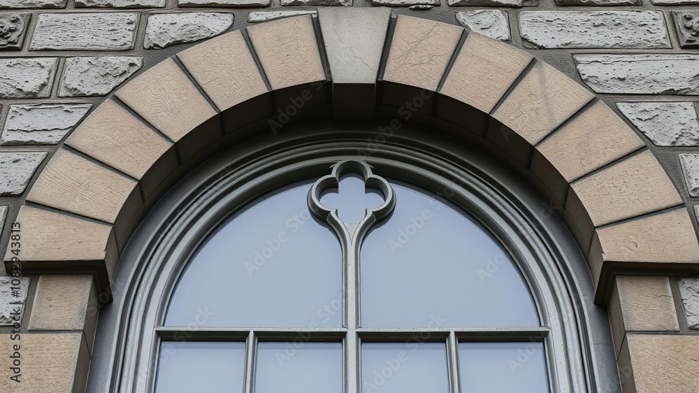 Arched window with a keystone and keystones surrounding the top, stone ...