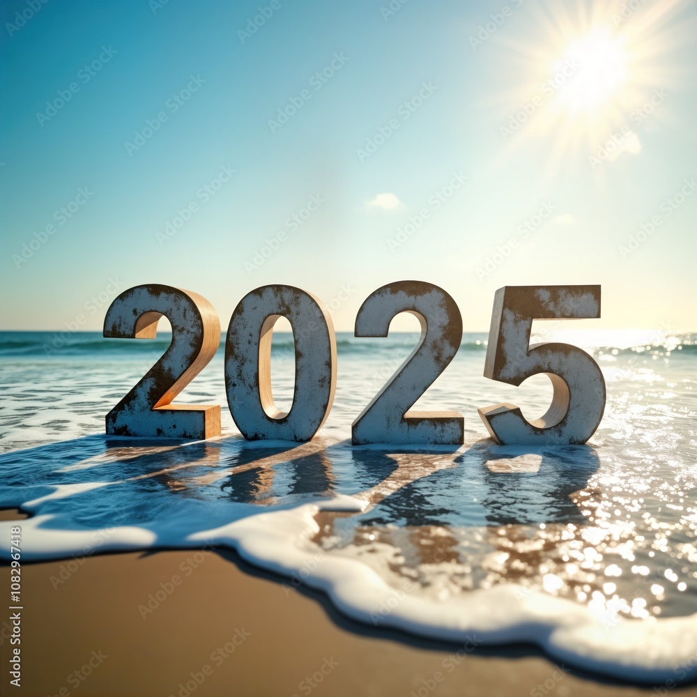 Large wooden 2025 numbers stand on beach shore, partially submerged in ...