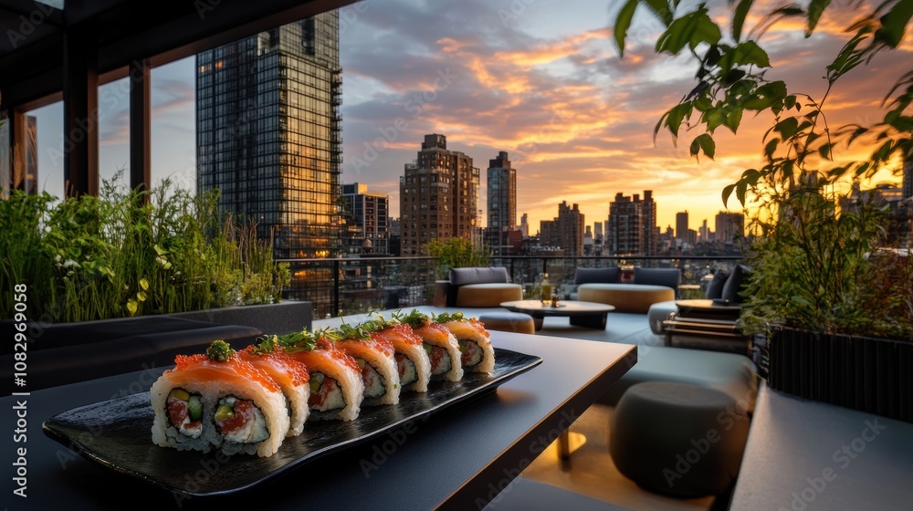 Elegant sushi rolls arranged on a black plate with a stunning city ...