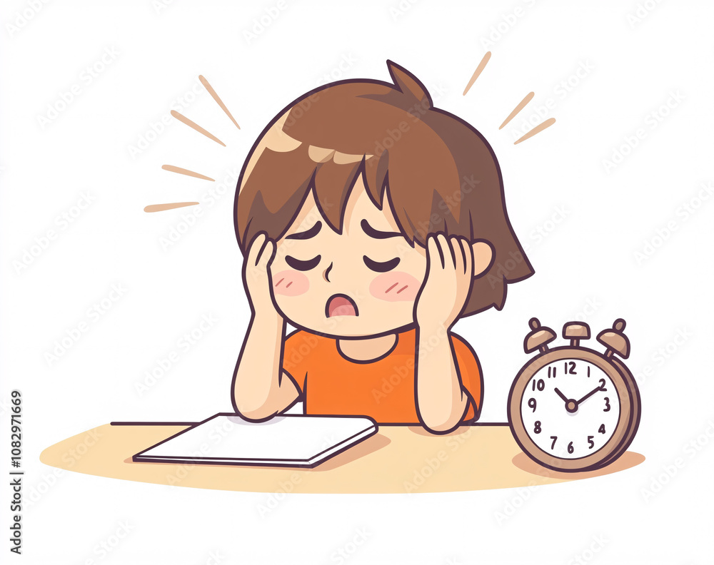 Illustration of a Tired Child Studying with Clock, Representing Fatigue ...