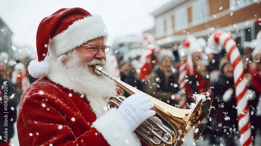 In a bustling winter parade, Santa in a classic red suit plays the ...