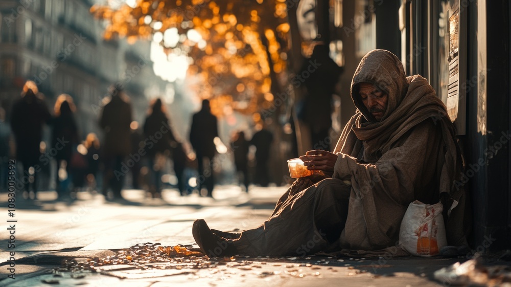 A homeless man sits on the sidewalk with a bag of food in front of him ...