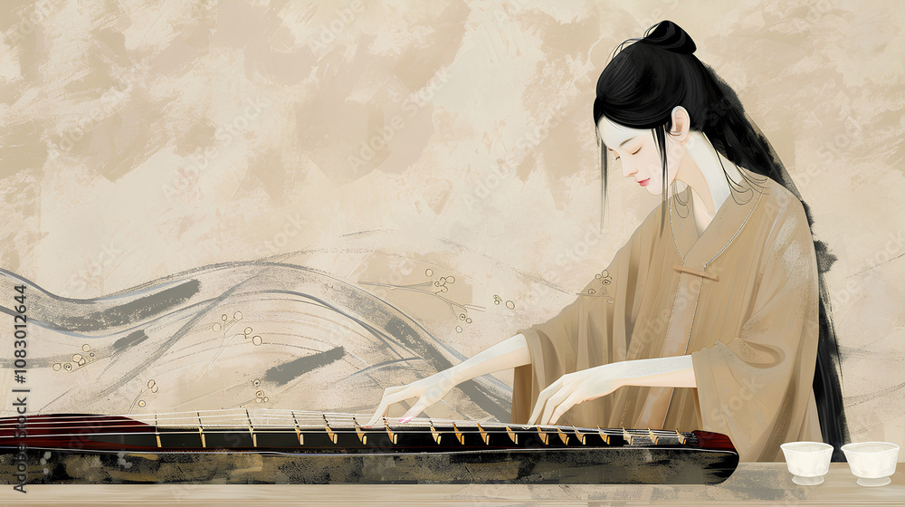 woman playing the guqin, wearing beige and with black hair, legance and ...