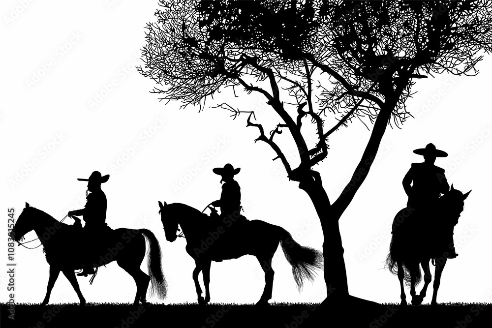 vaqueros, caballo, toro, cuernos, arbol, pony, cabalgata, cambo, arbol ...
