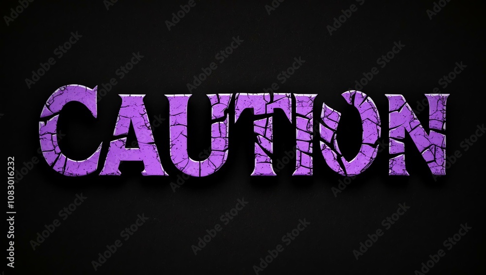 purple colored word caution with cracked font style on a black backdrop ...