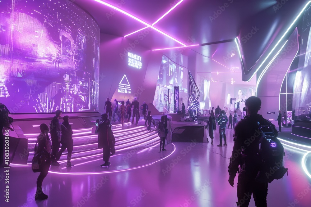 Establishing shot of a futuristic museum in the 2300s. The building has ...