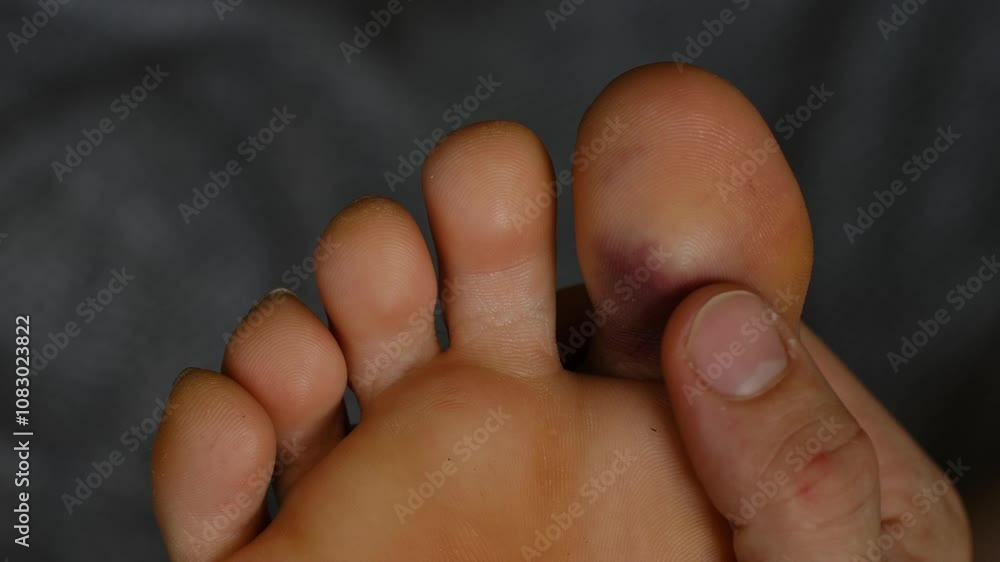 Man shows a bruised toe, gently touching the area. The injury displays ...