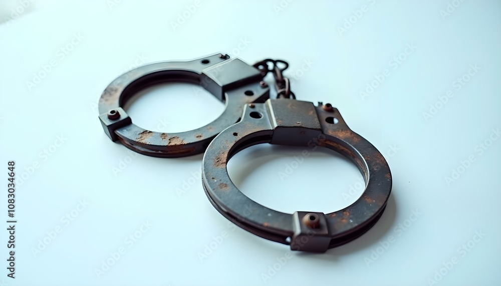 rusty handcuffs with visible wear and tear, set against a pristine ...