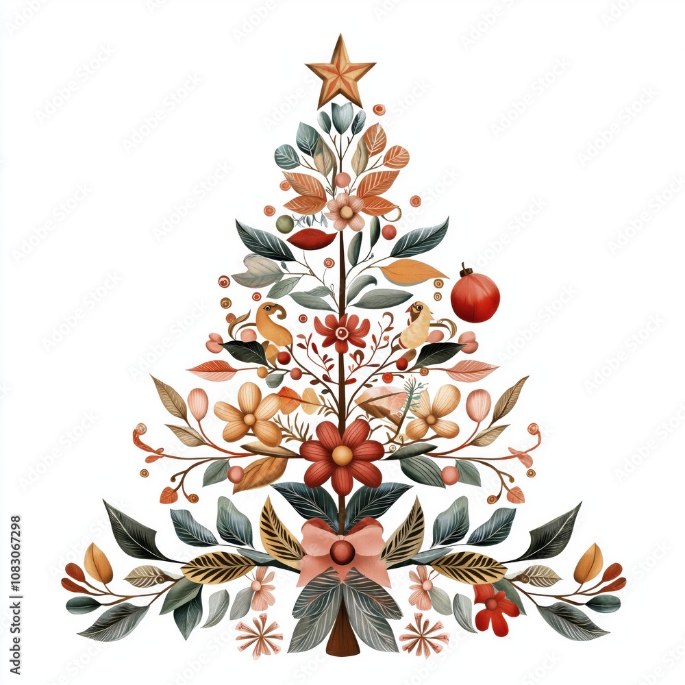 Elegant botanical christmas tree design with floral and leaf motifs in ...