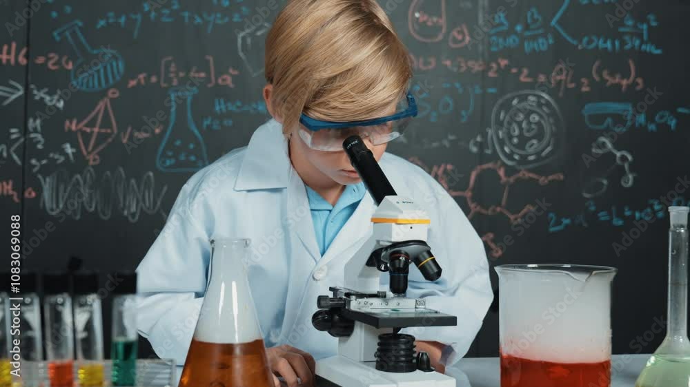 Vidéo Stock Smart boy using microscope analysis sample at science laboratory in STEM science ...