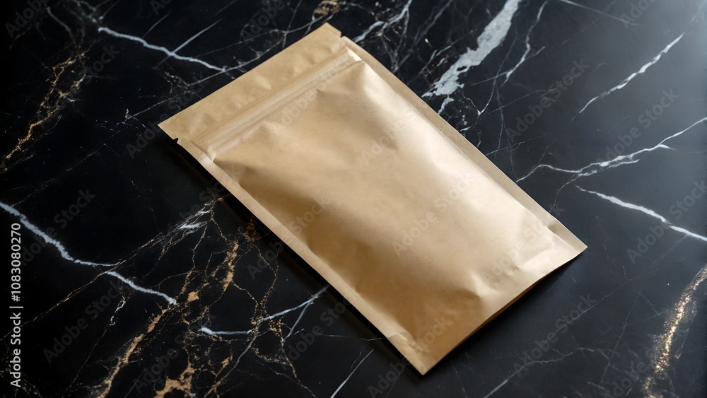 "Generate a kraft paper pouch bag viewed from the top, laying flat on a ...