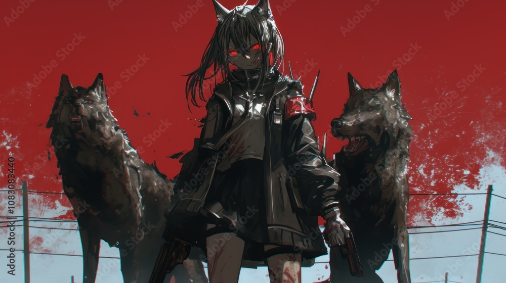 A young woman with wolf ears and red eyes stands with two wolves, all ...