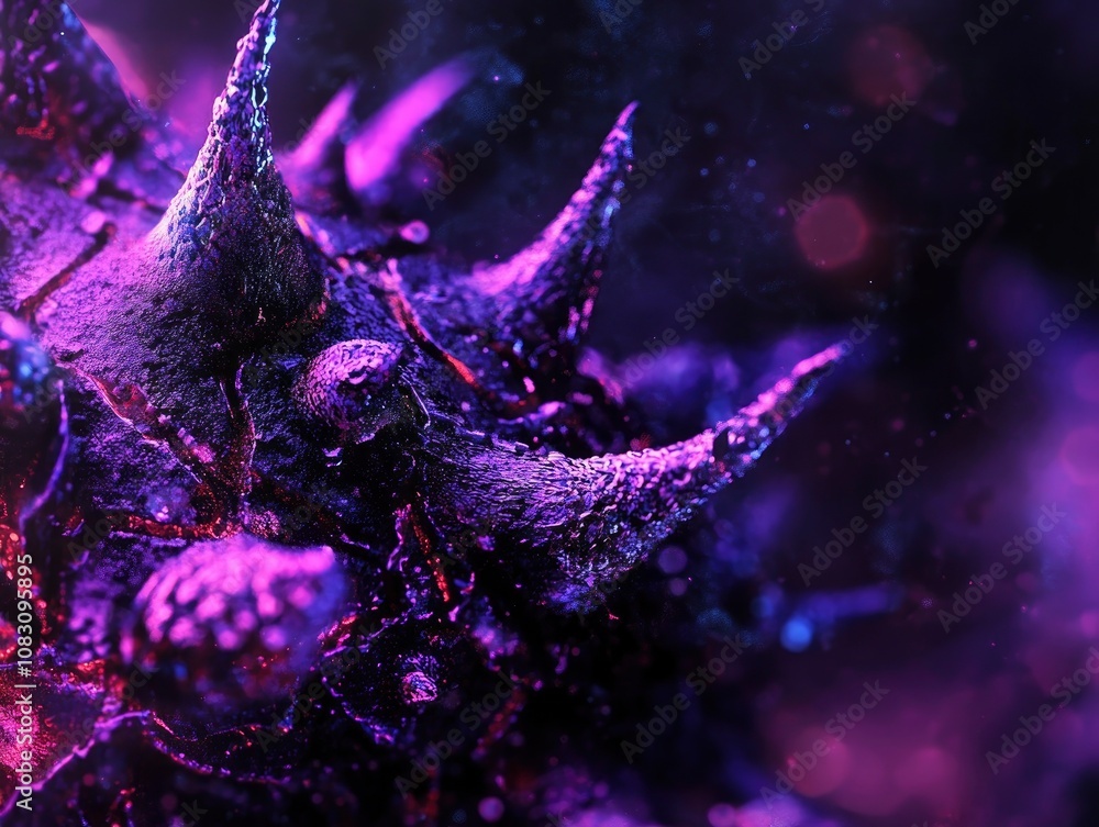 Macro photo of a complex virus structure with spikes, illuminated in ...