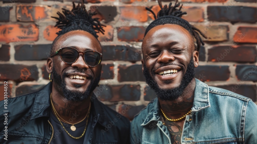 Best friends stand close, laughing heartily in a studio, showcasing ...